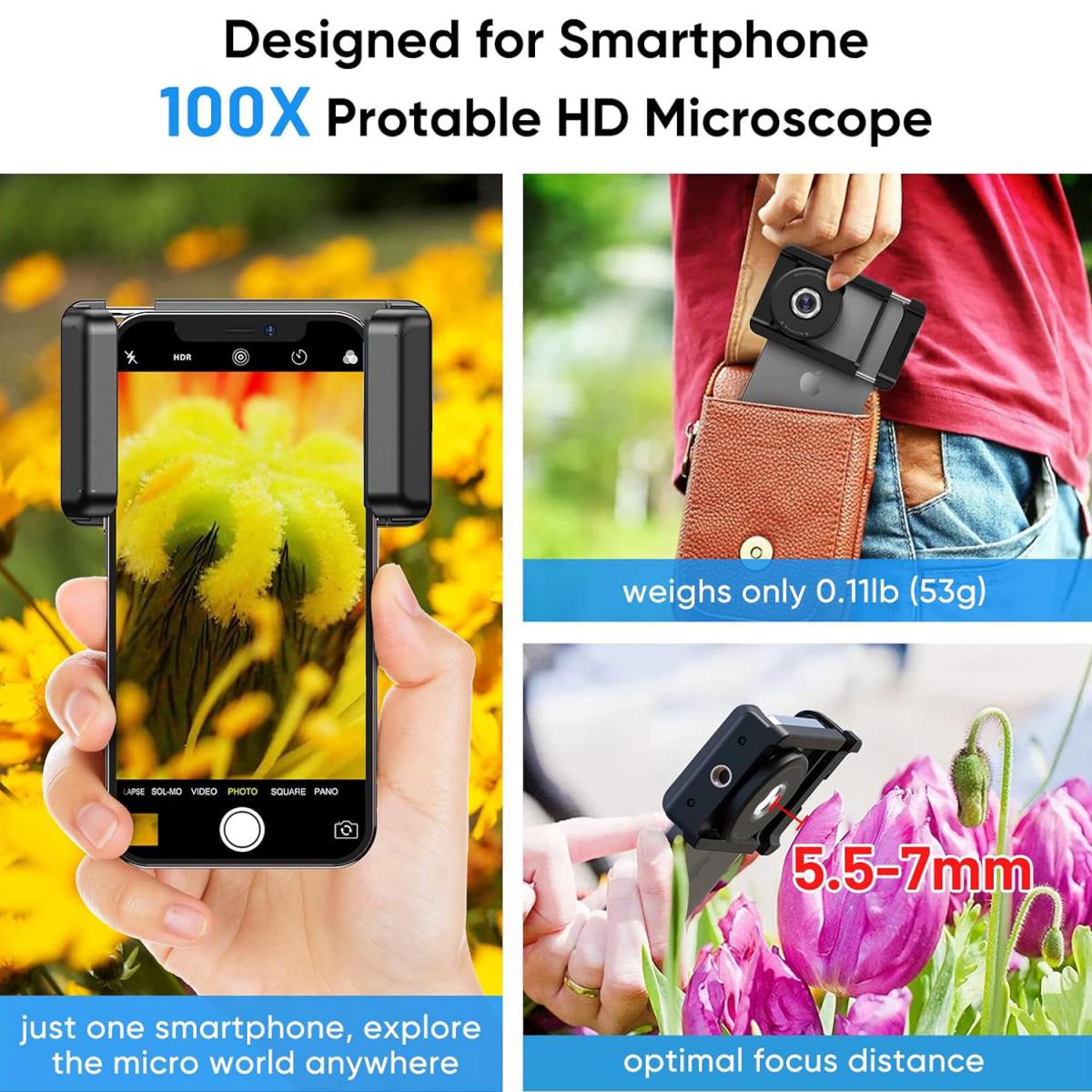 Phone Macro Lens, 100X Microscope for Android/iPhone Micro Camera with ...