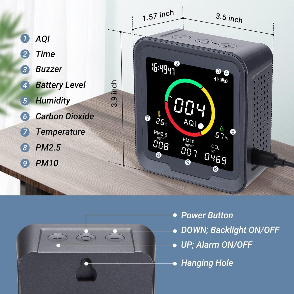 Detects CO2,6-in-1 Indoor Air Quality Monitor, PM2.5, PM10, AQI ...