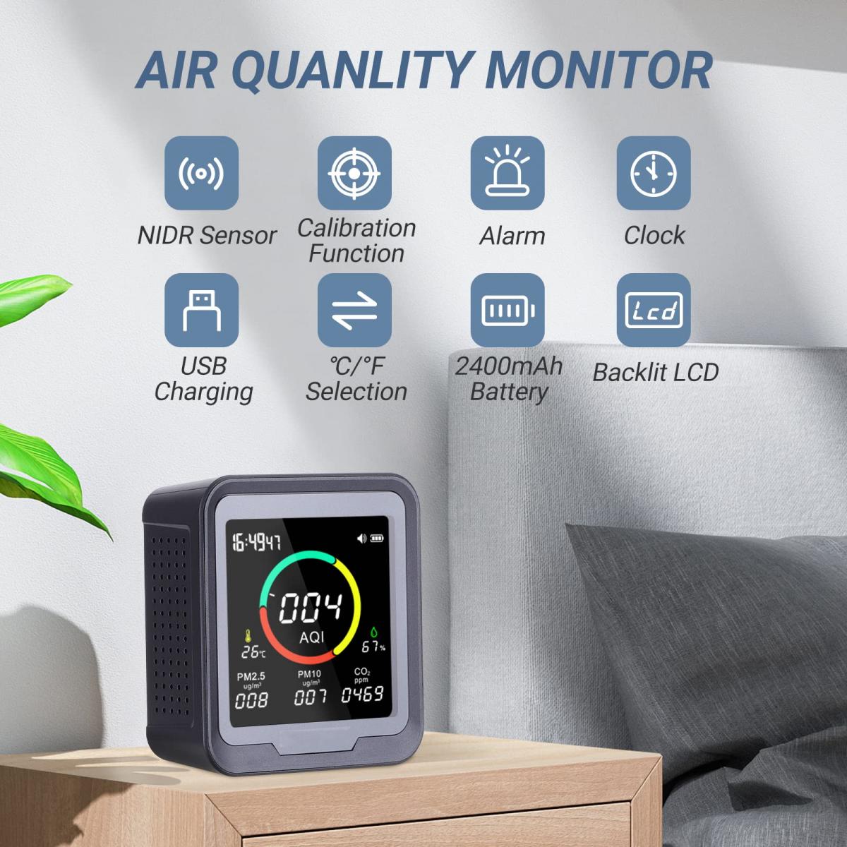 Detecta CO2, 6-em-1 monitor de qualidade do ar interno, PM2.5, PM10, IQA, temperatura e umidade ...