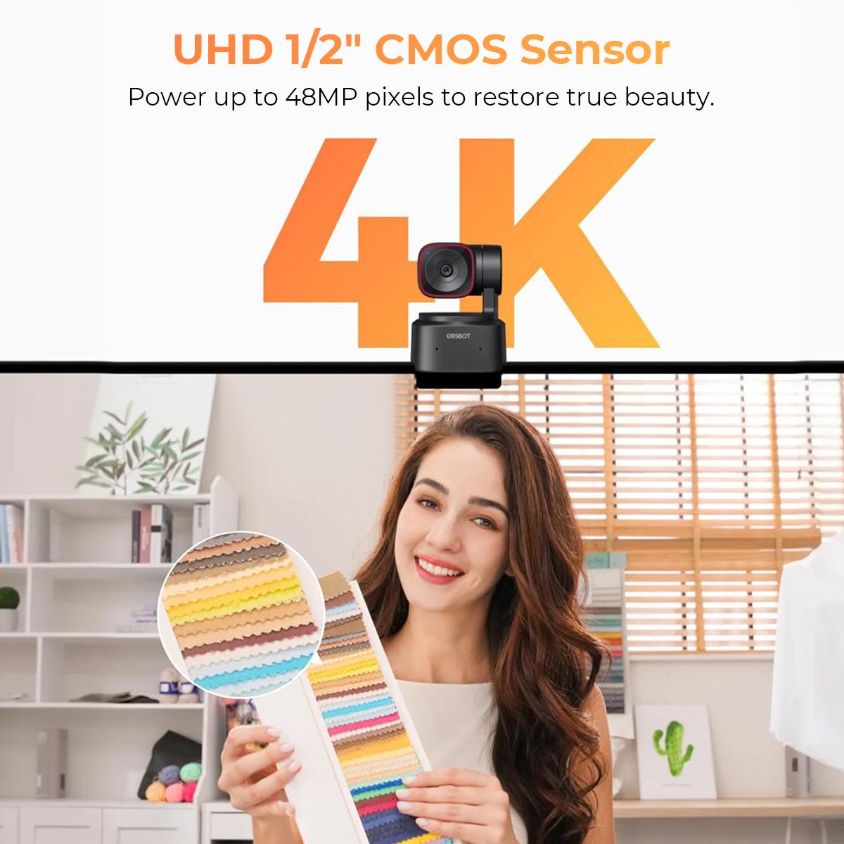 OBSBOT Tiny 2 Lite 4K Webcam for PC, AI Tracking PTZ Streaming Camera with 1/2" Sensor, Gesture ...