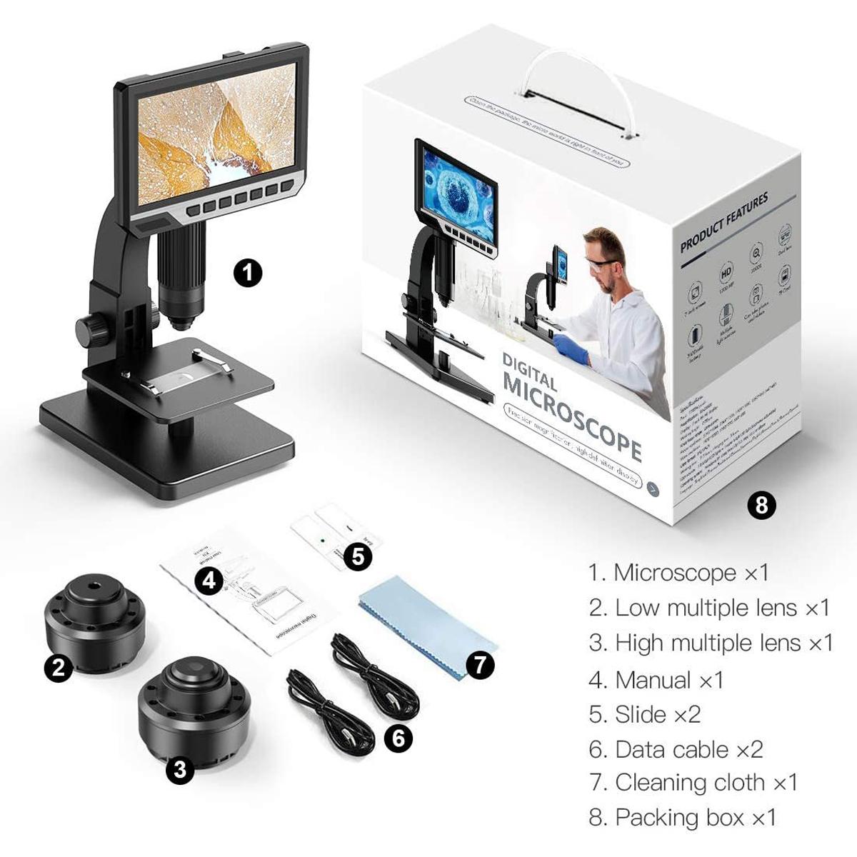 LCD Digital Microscope, 7" IPS Display, 1080P, 50x-2000X Magnification ...