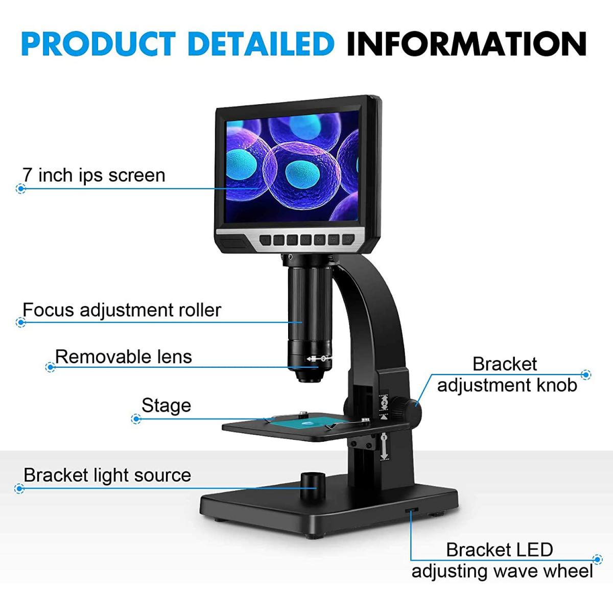 LCD Digital Microscope, 7" IPS Display, 1080P, 50x-2000X Magnification ...
