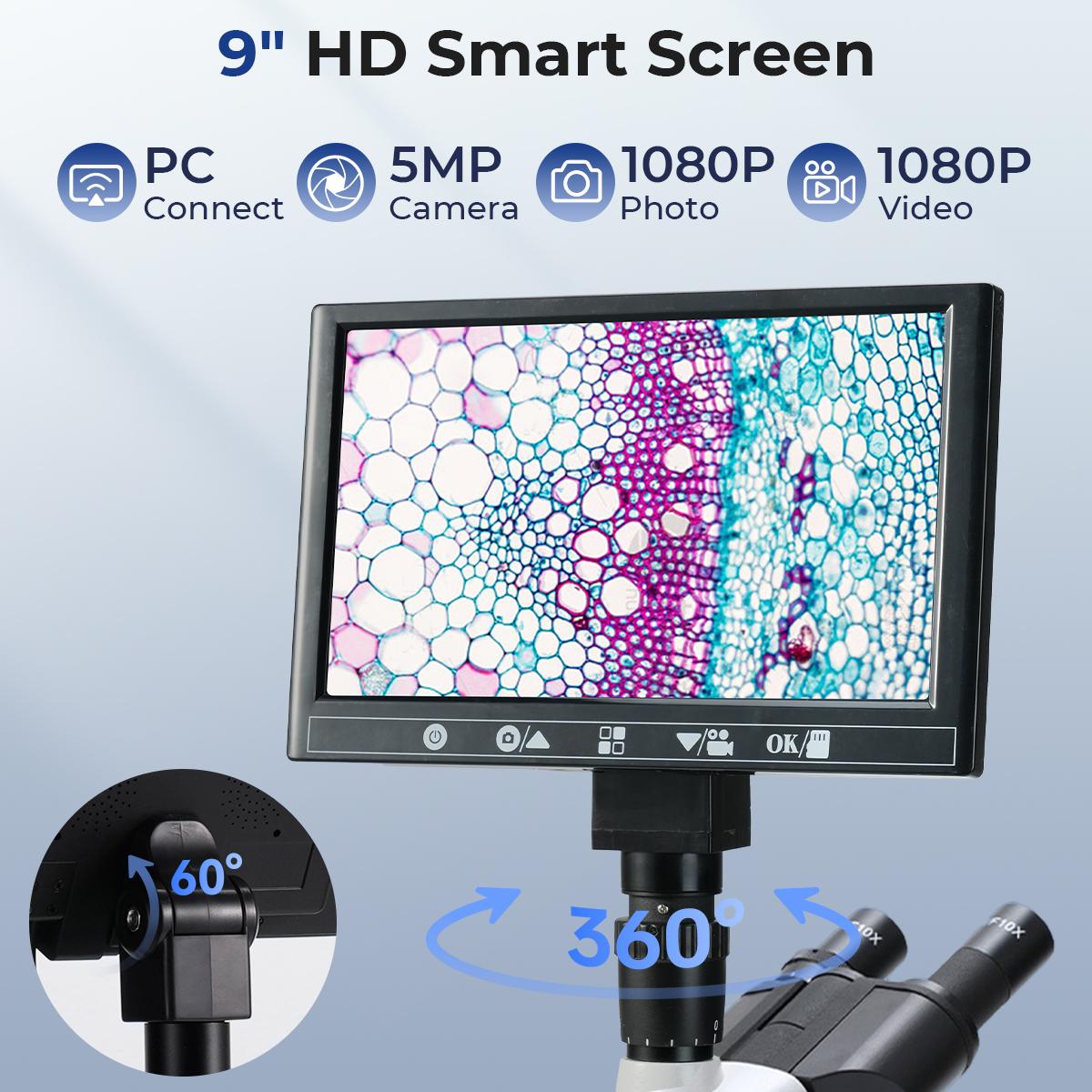 Compound Microscope with 9" Smart Screen 40x-1600x Magnification PC ...