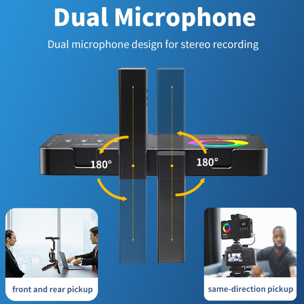 V02 Mic Light, 2 in 1 LED Camera Fill Light with Dual Stereo Mic , 360 ...