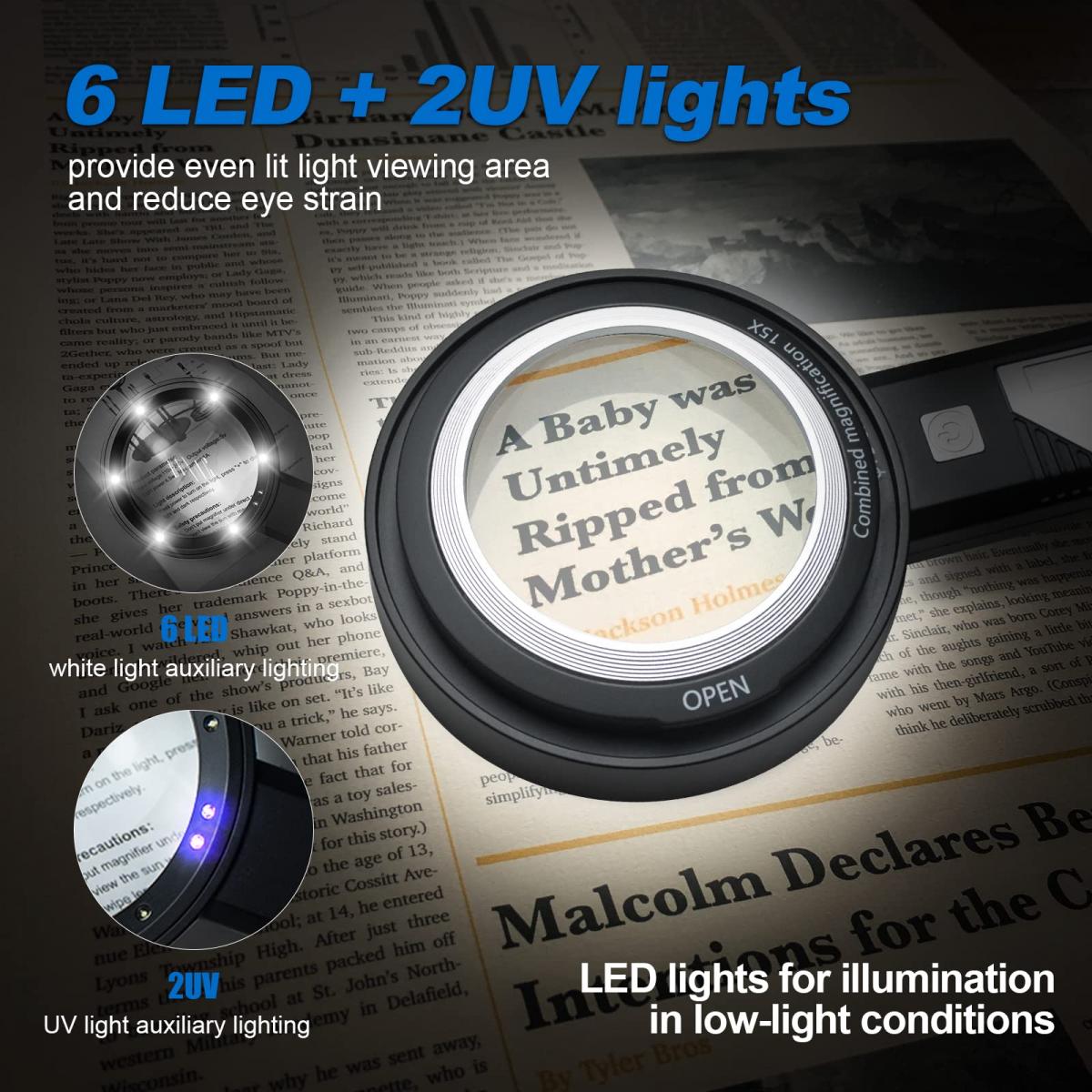 Vergrootglas met verwijderbare dubbele lens, 6X, 9X, 15X vergroting, 6 ...