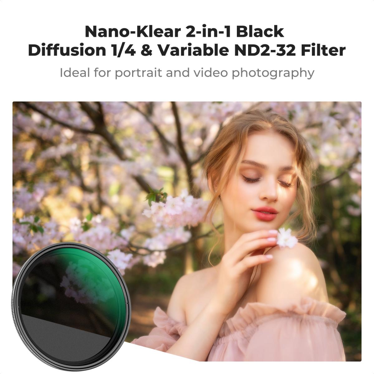 52mm Black Diffusion Mist 1/4 & Variable ND2-32 2-in-1 Filter Cinematic ...