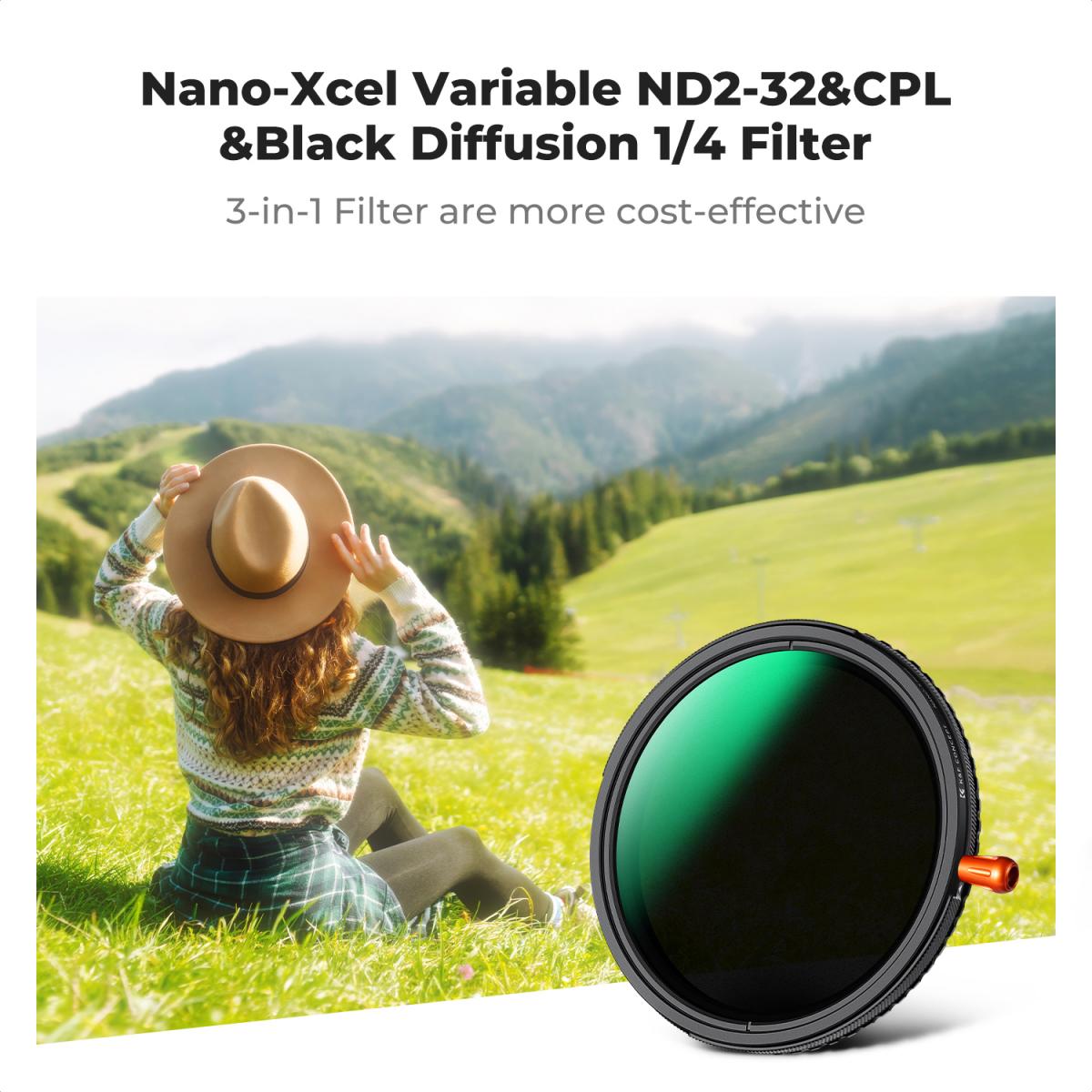 52mm Variable ND2-32 (1-5 Stops) & Circular Polarizing Filter CPL & Black Mist 1/4 3 in 1 HD ...