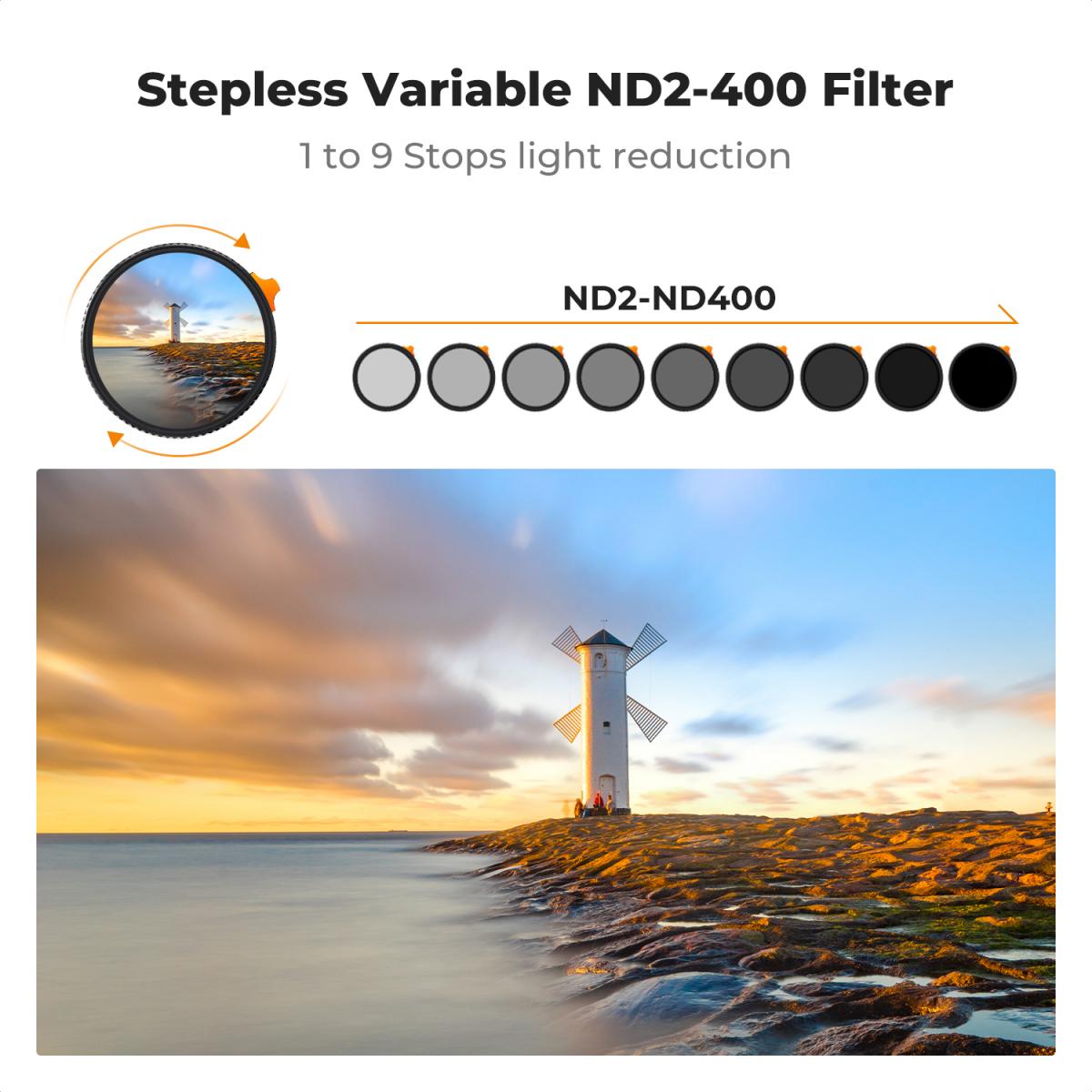 52mm Ultra-Low Reflection Variable ND Lens Filter, ND2-400 (1-9 Stop) HD Adjustable Neutral ...