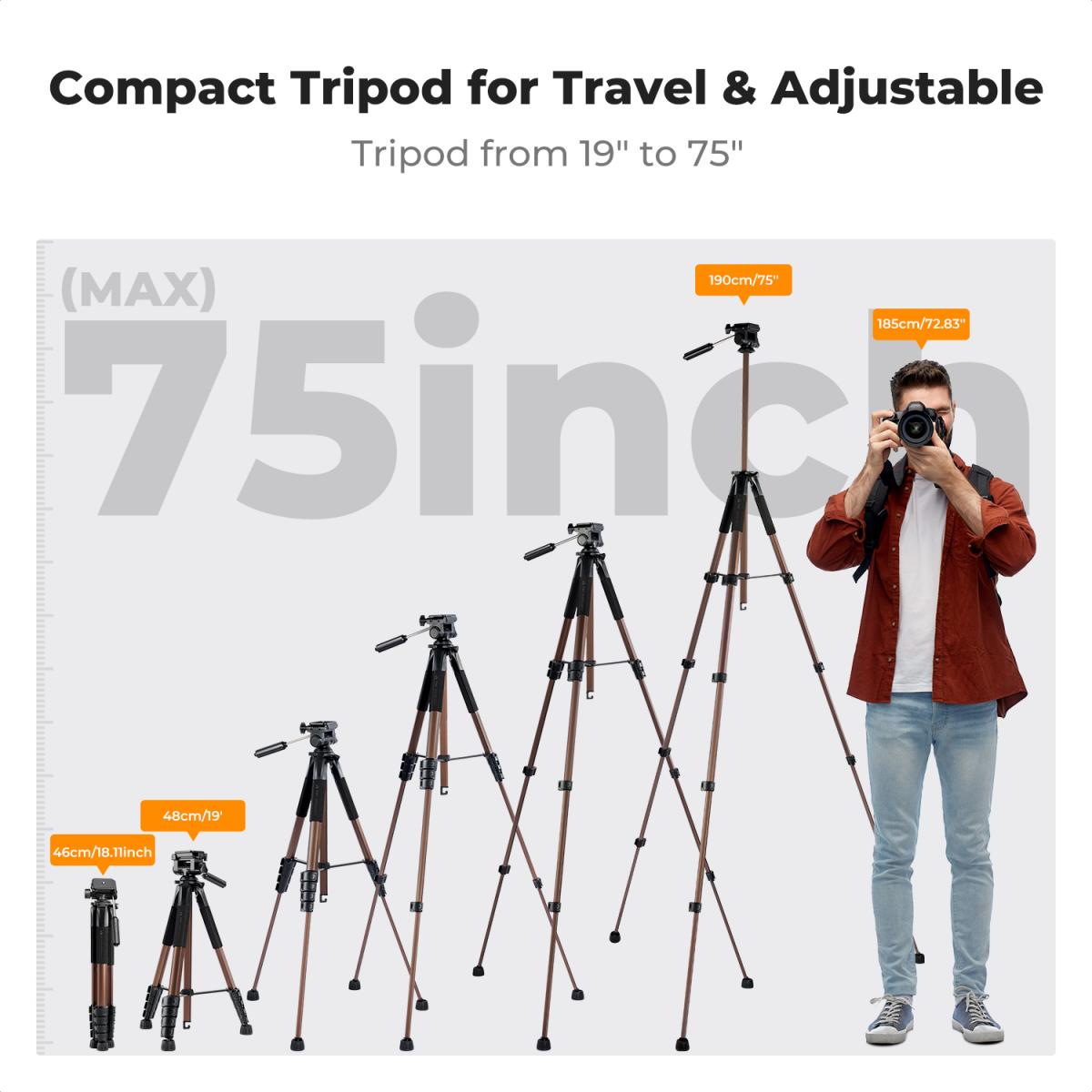 190cm/75'' K&F CONCEPT Compact Tripod for DSLR Camera, Camera Tripod ...