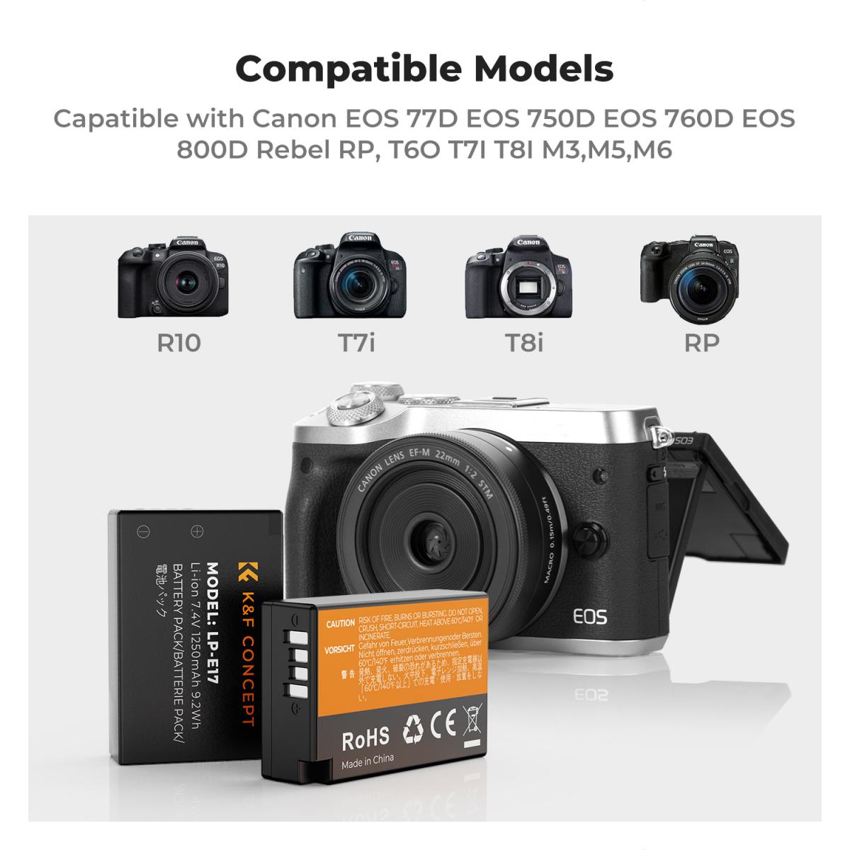 K&F Concept LP-E17 Battery 3-Pack and Upgraded 3-Slot LCD Charger for Canon EOS R50 RP R10 R8 ...
