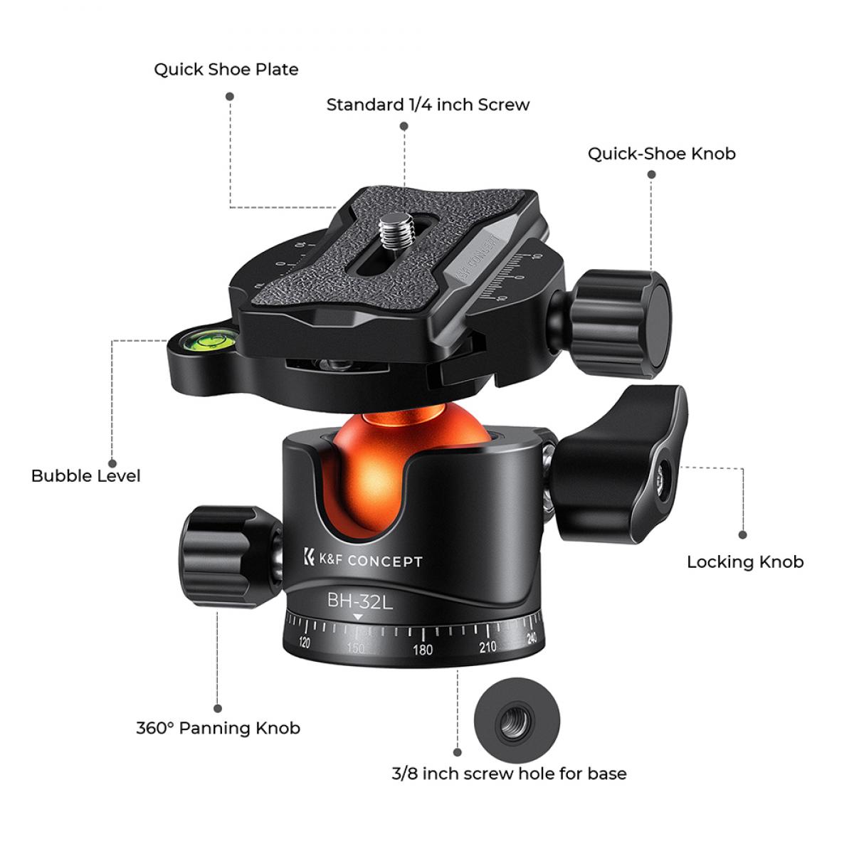 kf concept 26mm metal tripod ball head gray kf31.042v1 - K&F Concept